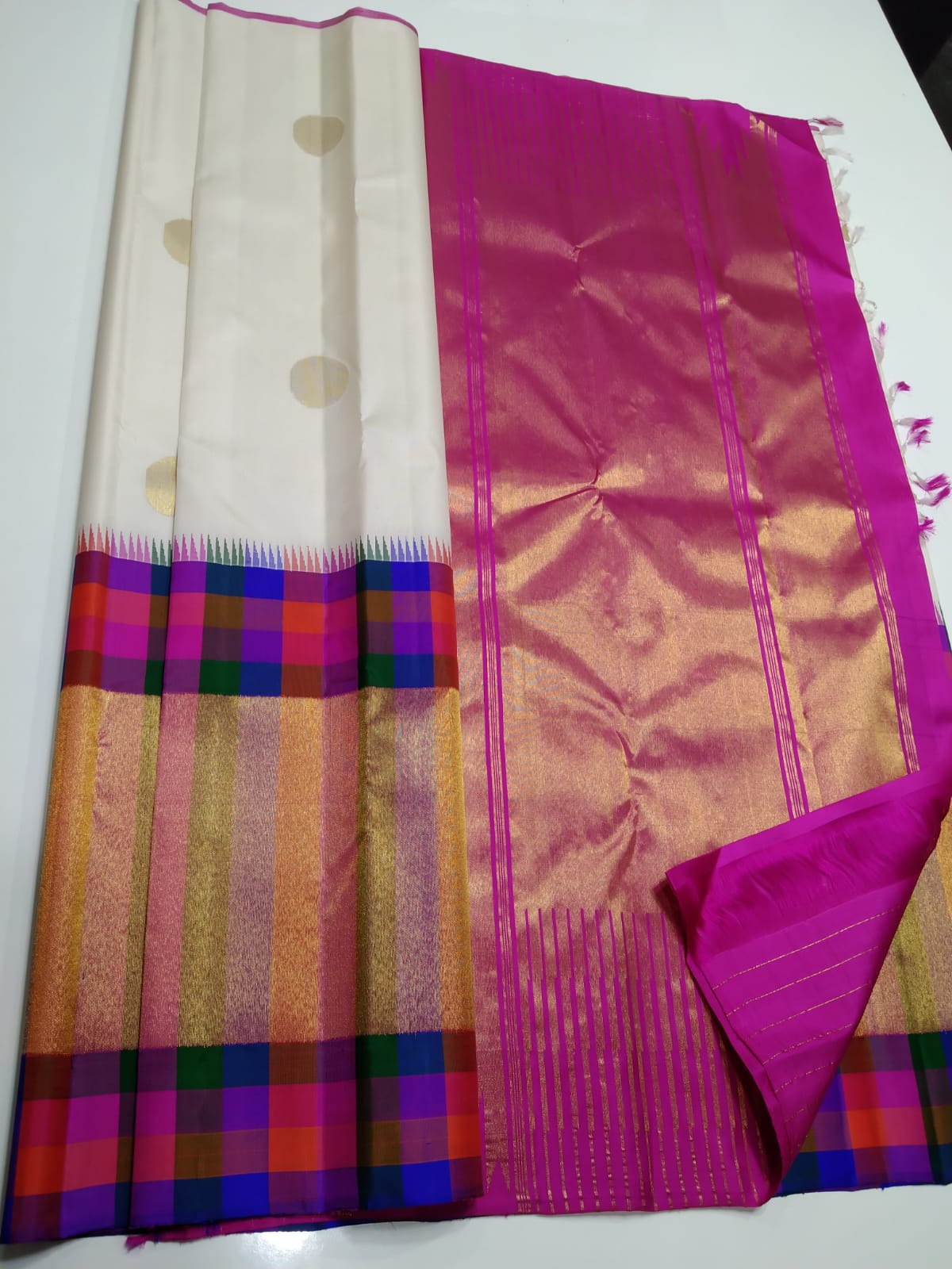 Half White Kanchipuram With Traditional Multi Color Temple Border